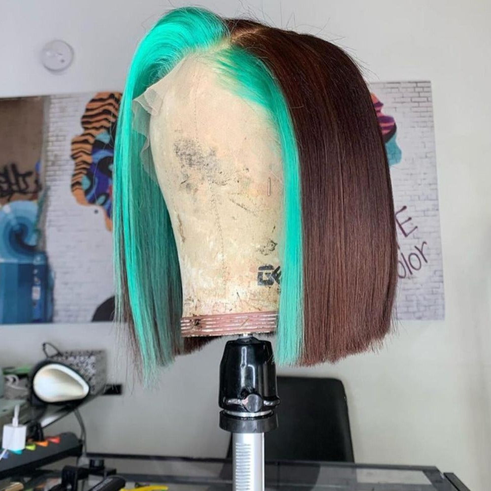 Human Hair Brown Color Aqua Green Lace Front Bob Wig – Prosp Hair Shop